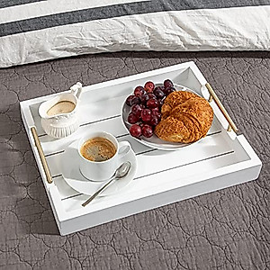 White Serving Tray with Gold Handles by Cozy Décor - Premium Decorative Trays - Coffee Table Trays for Living Room - Large Ottoman Tray -Tv Trays for Breakfast in Bed -17-Inch Wooden Tray for Ottoman