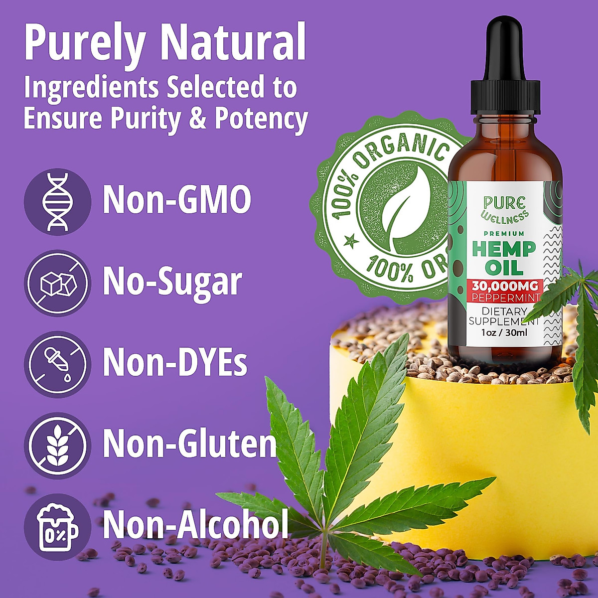 Organic Hemp Seed Oil (3 Oz), Peppermint Flavor, High Potency 30,000 mg - Natural Pain Relief, Helps Sleep, Relaxation & Mood, Transparent Hemp Oil Dosage, Non-Habit Forming - Non-GMO, Vegan