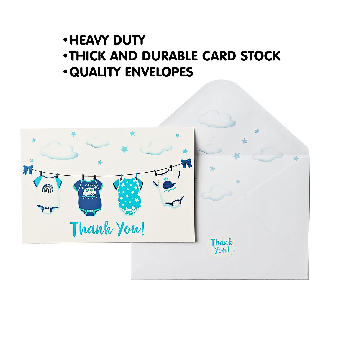 All Ewired Up 50 Boxed Set Clothesline Onesie Boy Thank You Cards for Baby Shower with Designed Envelope and Matching Seals