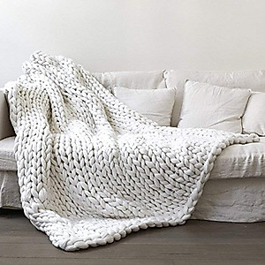 EASTSURE Chunky Knit Blanket Bulky Throw Merino Wool Hand Made Bed Sofa Throw Pet Bed Chair Mat Rug,White,32"x32"