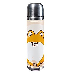 sdfsdfsd 17 oz Vacuum Insulated Stainless Steel Water Bottle Sports Coffee Travel Mug Flask Genuine Leather Wrapped BPA Free, Happy Pomeranian Dog Cartoon Illustration