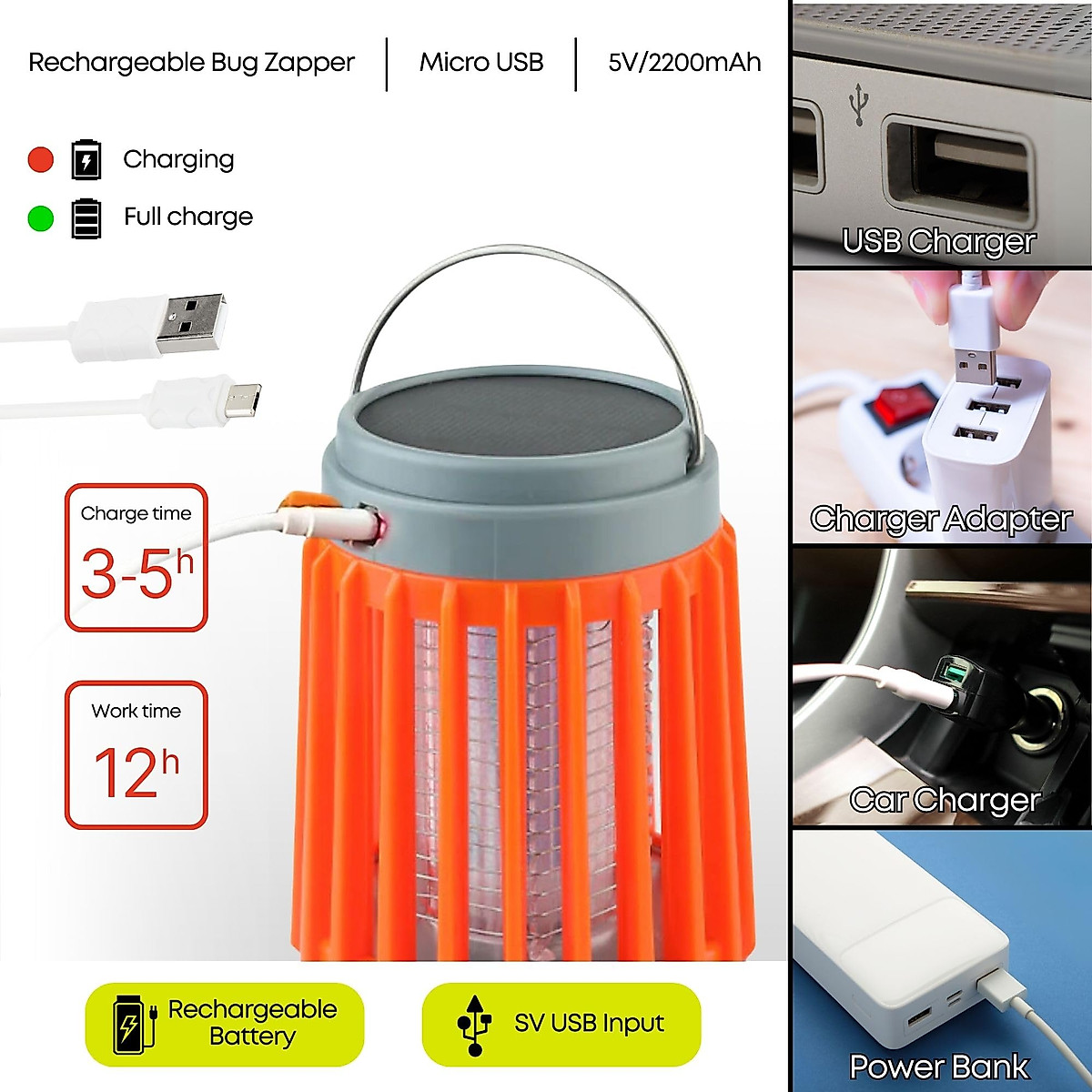 Fuzebug Rechargeable Bug Zapper Outdoor and Indoor BuzzBug Mosquito Zapper Buzzbug Mosquito Light Cordless Bug Zapper Mini Bug Zapper Bulb Solar Flashlight Camping Bug Zapper LED Light (Orange)