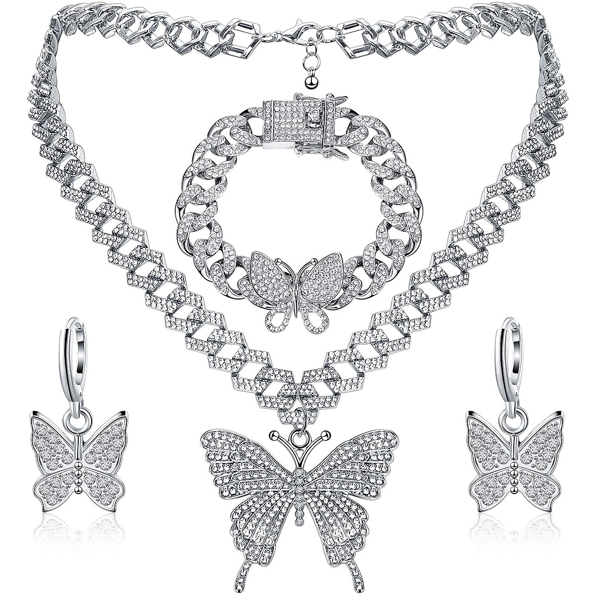 Junkin 3 Pieces Butterfly Necklaces for Women Butterfly Jewelry Set Butterfly Pendant Necklace Rhinestone Link Necklace Bling Charm Butterfly Hoop Earrings for Women Girl (Rhinestone Chain)