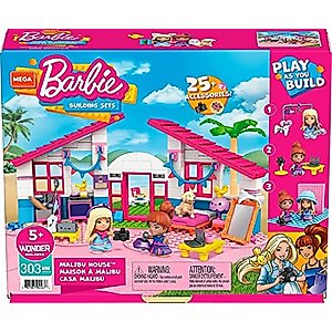 MEGA Barbie Building Toys Playset, Malibu Dream House with 303 Pieces, 2 Micro-Dolls, Accessories and Furniture, 3 Pets