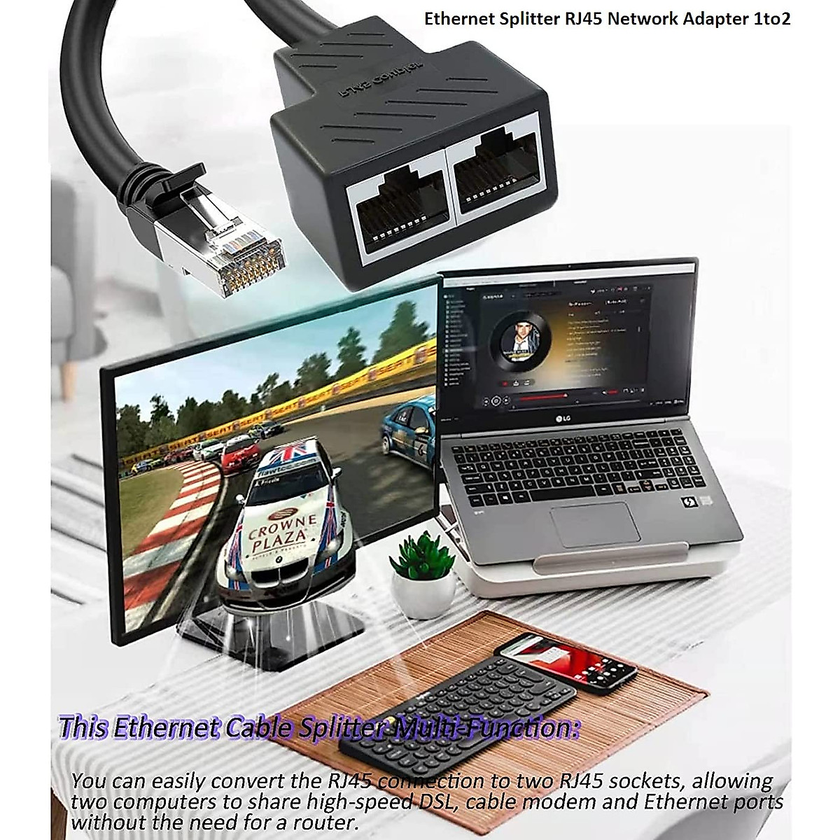 RJ45 Network Ethernet Splitter 1 2 Cable Adapter Male to 2 Female, Suitable Super Cat5-7, Cmpatible with ADSL, Hubs, TVs, Set-top Boxes, Routers, Wireless Devices, Computers