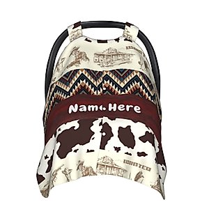 Personalized Baby Name Western Style Car Seat Covers for Babies, Custom Cowboy Carseat Canopy, Peekaboo Opening Breastfeeding Cover Infant Car Seat Canopies for Baby Boys Girls Newborn, Minky Dot