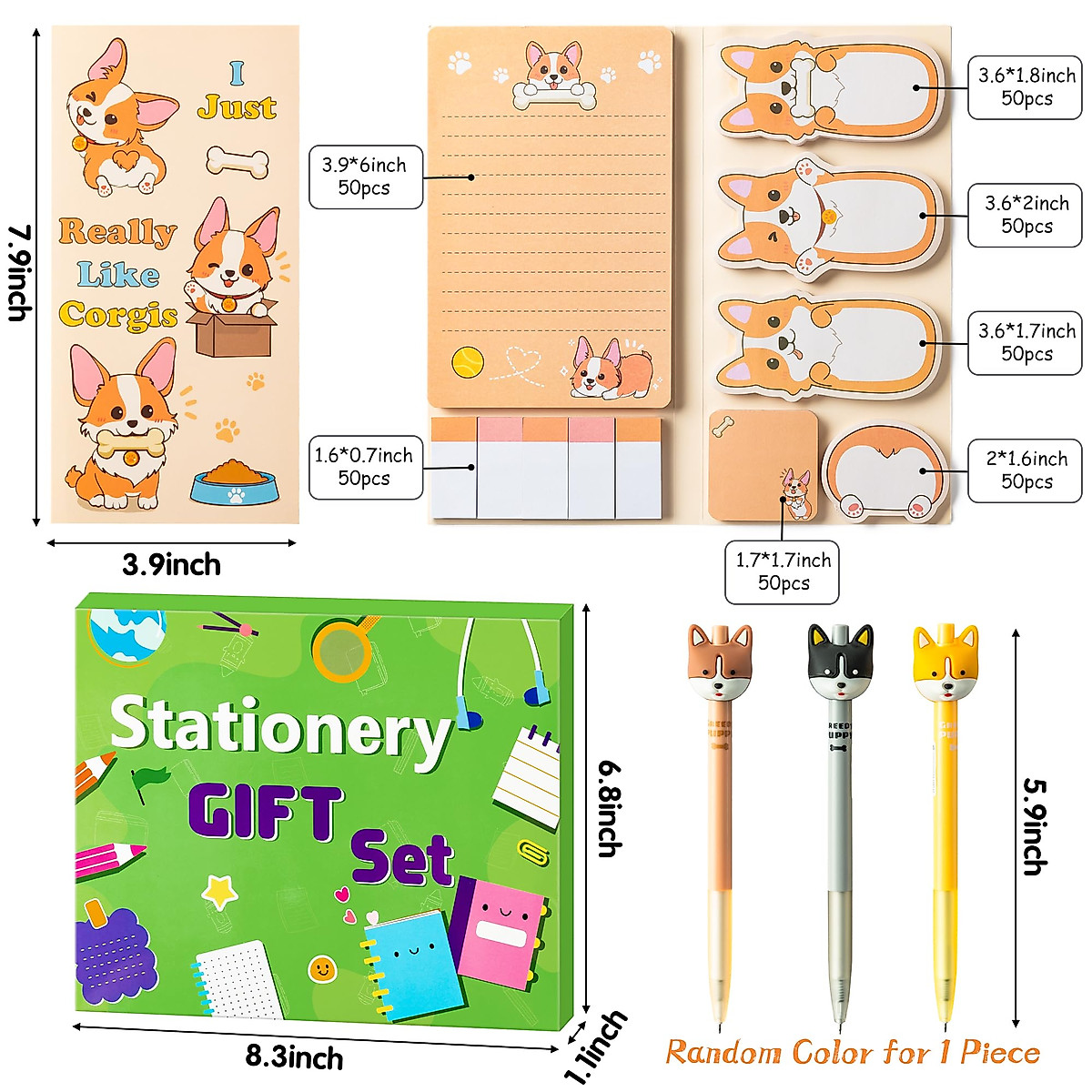 Xqumoi Corgi Sticky Note A5 Notebooks Pen Stationery Set - Corgi Self-Stick Notes Pads 2 Pack Spiral Notebooks Black Gel Ballpoint Pen Back to School Office Supplies Teacher Appreciation Gift with Box