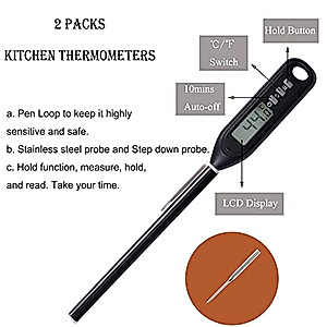 GEMGIMY 2 Pack Instant Read Meat Thermometer, Kitchen Cooking Thermometer, Candy/Deep Fry Thermometer, Kitchen Thermometer for BBQ Grill, Roast, Milk, Yogurt, Coffee, Bath Water, Baking Temperature