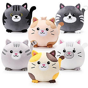 Lenwen 6 Pcs Christmas Decor Gifts Cat Plush Pillows 8 Inch Cute Kitten Stuffed Animals Bulk Soft Adorable Round Cat Throw Pillow Kitten Plush Pillows for Kids Christmas Birthday Gift Party Bedroom