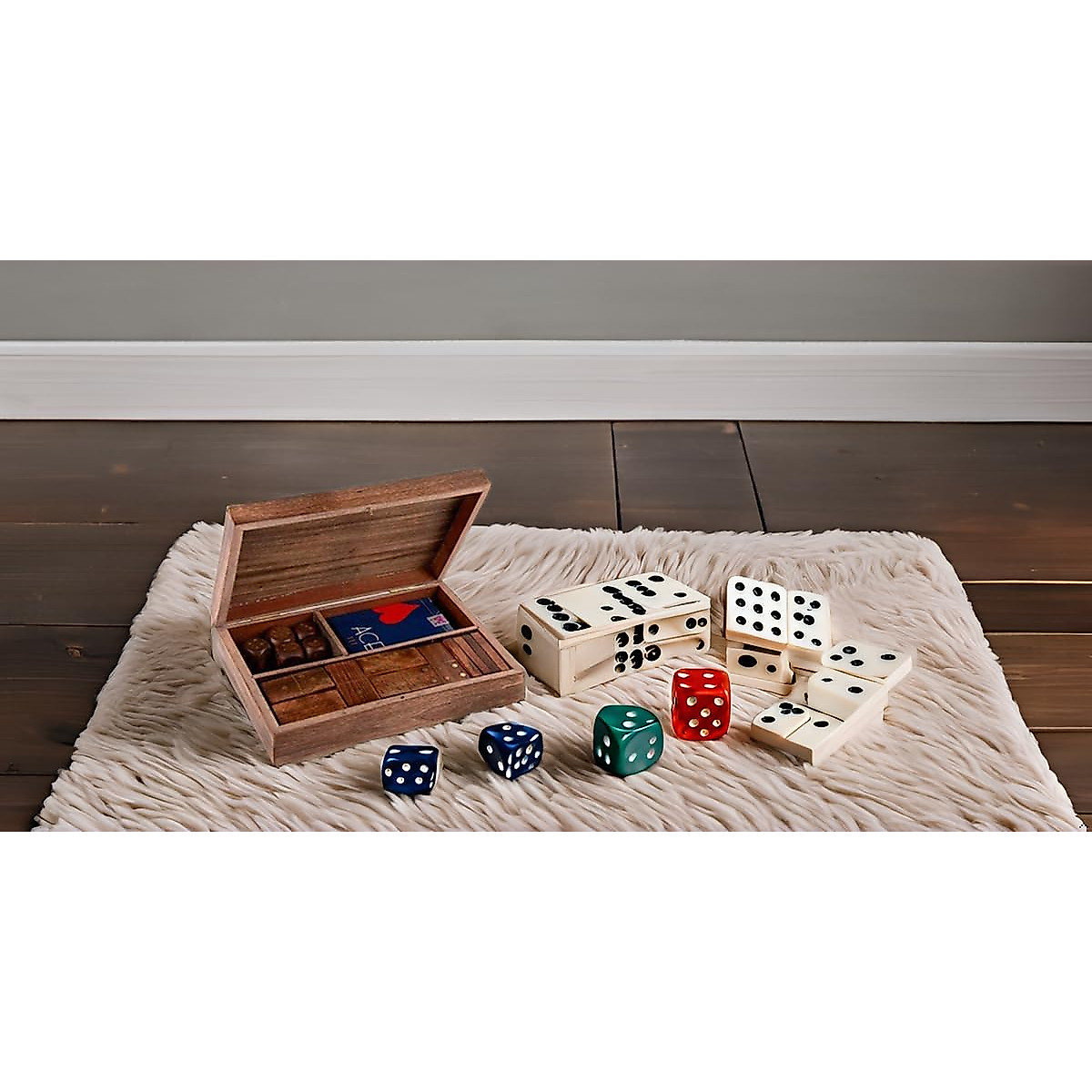 Great Gift Ideas Wooden Playing Card Box with 5 Dice & 28 Dominoes Tiles Game Set Deck Pack Case Holder Storage Accessories Organizer with Playing Cards Classic Table Game