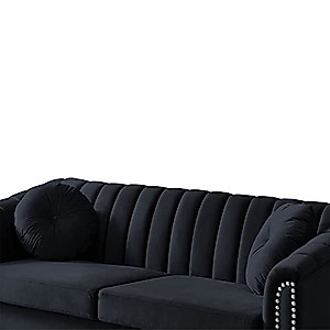Modern Velvet Upholstered Sofa,72 Inch 3 Seater Tufted Back,Rivet Arms, 2 Pillows,Solid Wood Legs, Living Room Sofa Bed,Compact Living Space,Apartment, Bonus Room,Loveseat Sofa (Black)…