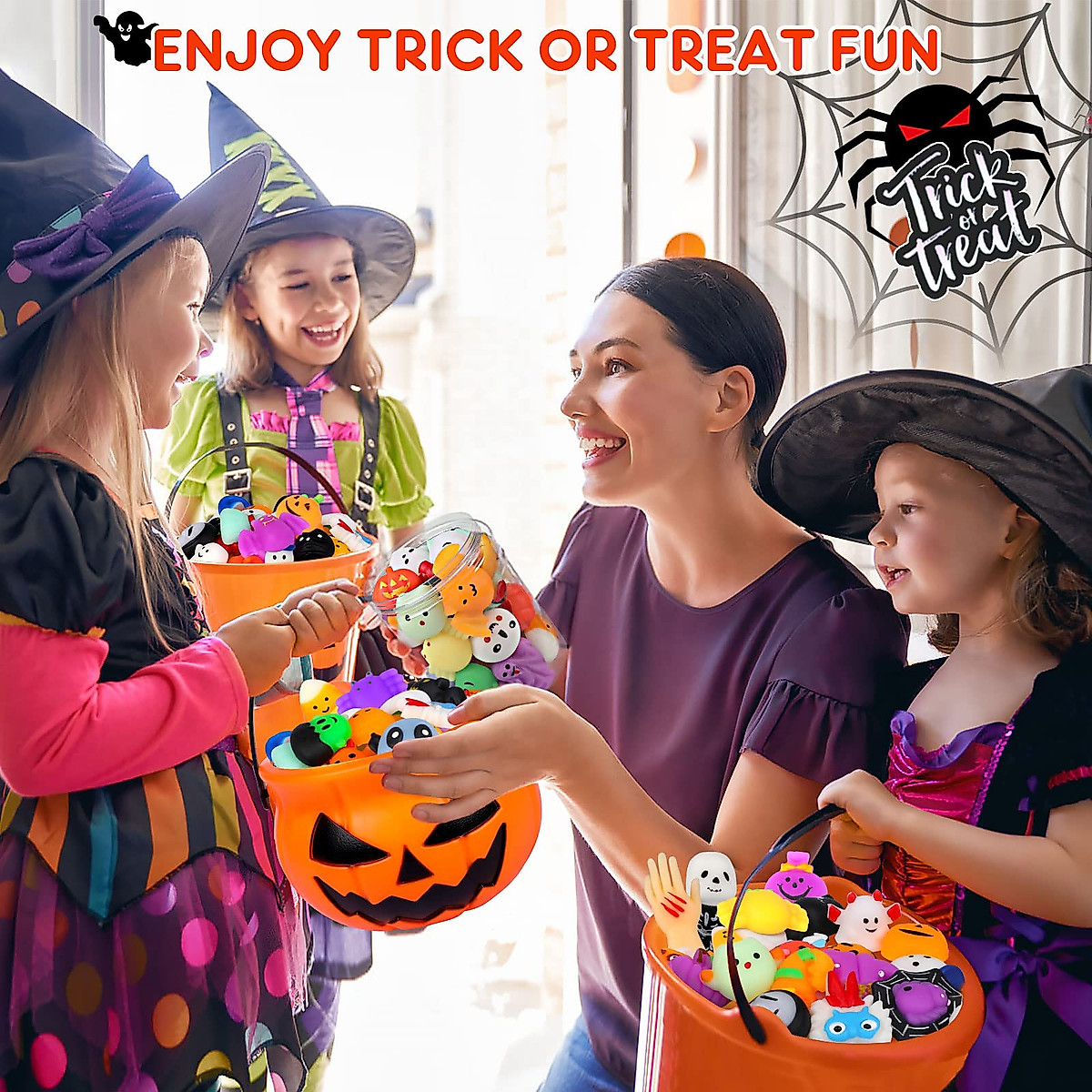 50PCS Halloween Mochi Squishy Toys with Halloween Pumpkin Bucket Halloween Party Favors Trick or Treat Goodie Bag Filler Halloween Decorations Kawaii Squishy Halloween Toys Gifts for Boy Girl Random