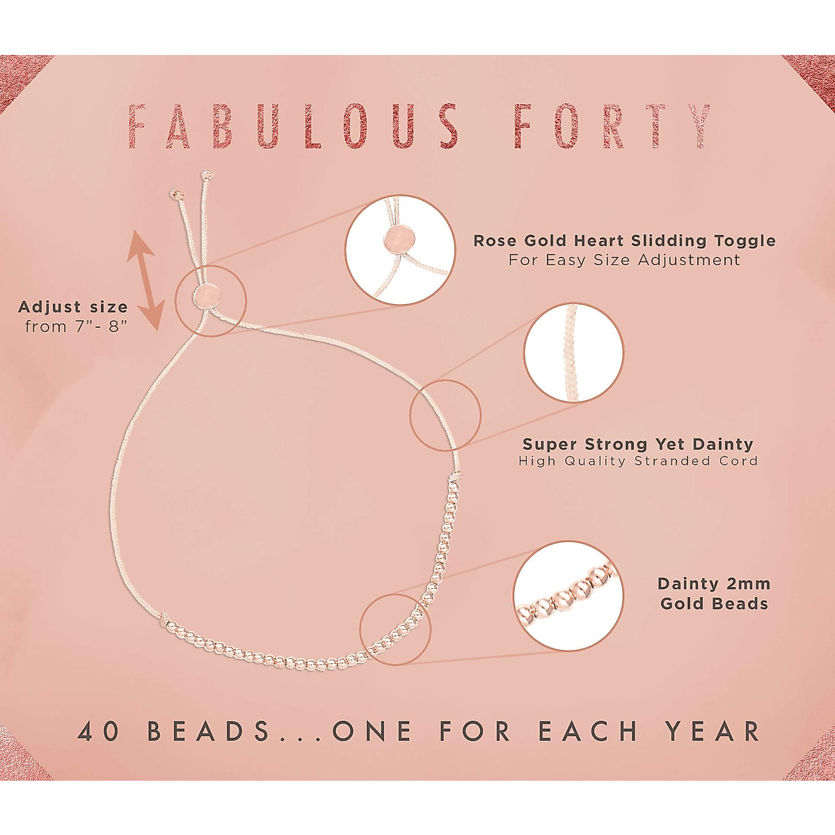 Lucky Feather 40th Birthday Gifts for Women, 14K Rose Gold Dipped Beads Bracelet on Adjustable 7"- 8" Cord - Perfect 40th Birthday Gift Ideas for Her (rose-gold-plated-base)