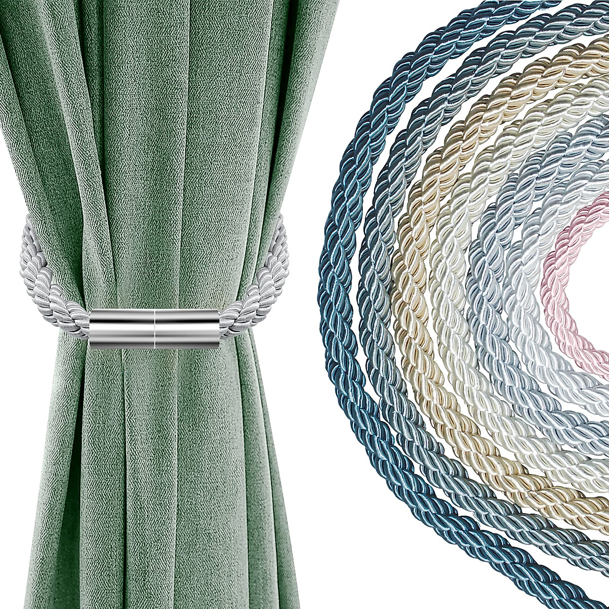 VIKIMORA 2 Pack Curtain Tiebacks for Draperys Gray, Strong Magnetic Curtain Tie Backs,Curtain Holders for Thick Drapes,Gray Cotton Rope Tie Backs for Heavy Duty Drapes,Gray