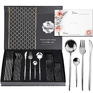 Silver 24 Silverware set for 6 people, gift sets with Premium box and Gift Letter, Stainless Steel Cutlery set, Housewarming Gift, flatware set with Knife/Fork/Spoon/Teaspoon