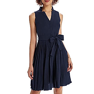 GRACE KARIN Women Elegant High Waist Pleated Dress A-line Solid Funeral Dress Navy Blue L