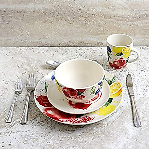 Elama Round Stoneware Fruity Dinnerware Dish Set, 16 Piece, White with Multicolored Fruit