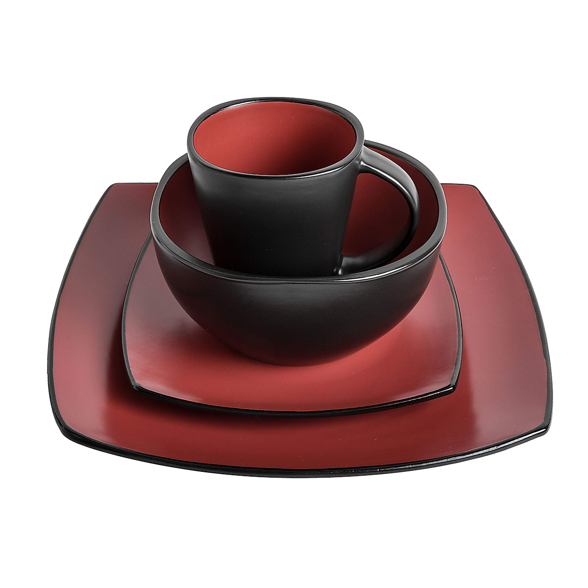 Gibson Soho Lounge Square Reactive Glaze Stoneware Dinnerware Set, Service for 4 (16pc), Matte Red