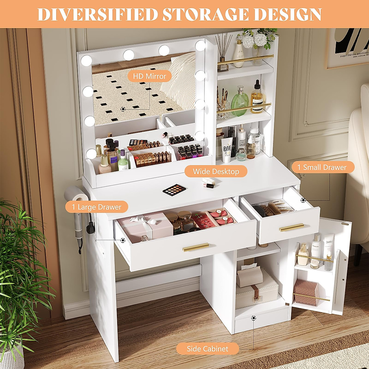 AMERLIFE 35.5" Make up Vanity Desk with Mirror and Lights, Vanity with Lights 3 Models Settings & Power Outlet, Vanity Desk with 2 Drawers, 1 Cabinets, Shelves, Makeup Vanity for Bedroom, White