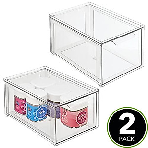 mDesign Plastic Stackable Bathroom Storage Organizer Bin with Pull Out Drawer for Cabinet, Vanity, Shelf, Cupboard, Cabinet, or Closet Organization - Lumiere Collection - 2 Pack - Clear