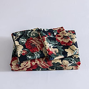 Dark Green Botanical Duvet Cover Twin Red Yellow Floral Green Leaves Printed Pattern Bedding Duvet Cover Set Soft and Breathable Microfiber Comforter Cover with Zipper and Corner Ties