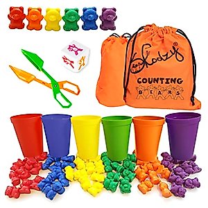Skoolzy Rainbow Counting Bears with Matching Sorting Cups 68 Piece Set - Toddler Learning Toys Number Sorting Counting Color Recognition for Kids Age 3+ Includes Montessori Tongs 2 Skoolzy Bags eBook