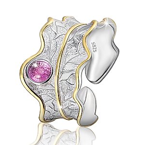 Lotus Fun S925 Sterling Silver Ring Natural Adjustable Peony Leaf Ring Handmade Unique Fashion Jewelry Gifts for Women (Red)