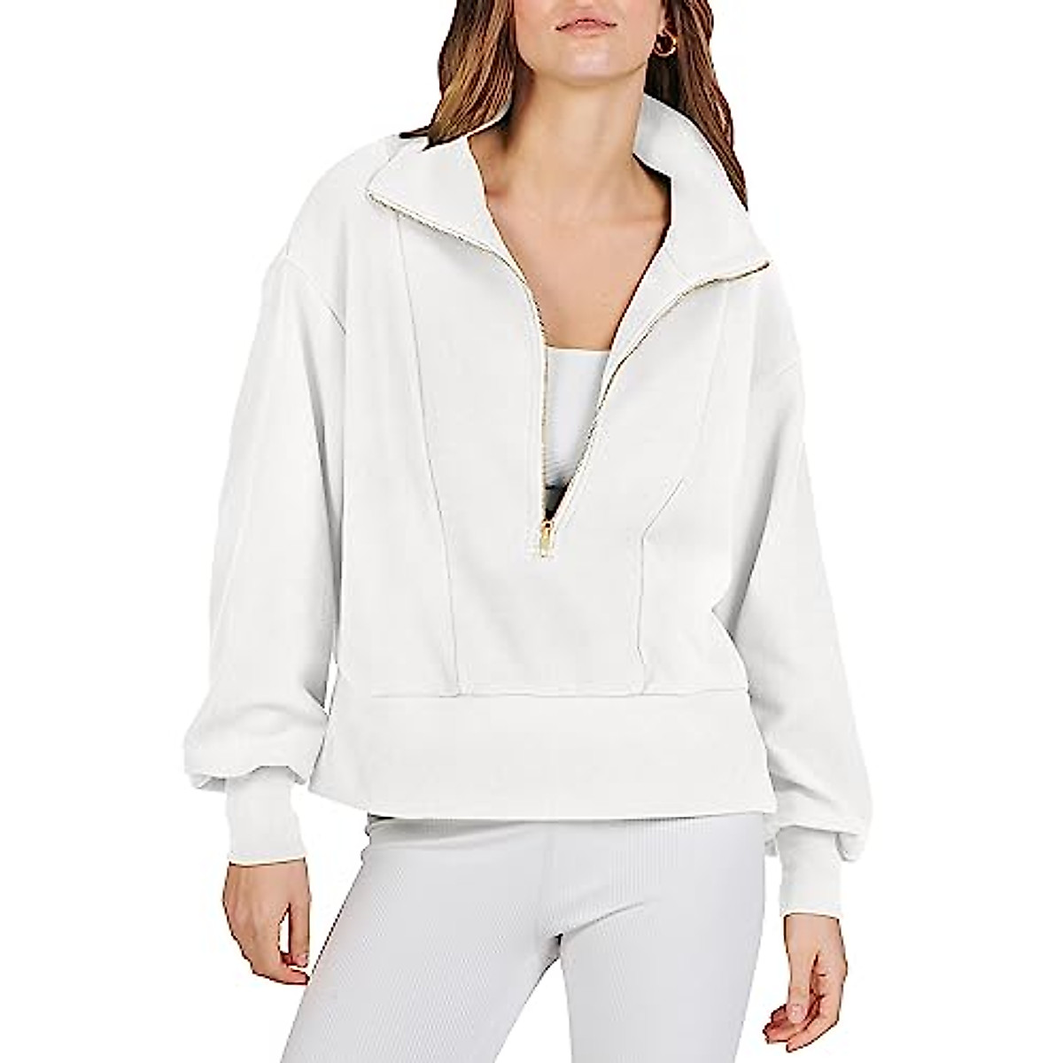 ANRABESS Women Sweatshirt Oversized Half Zip Hoodies Long Sleeve Cropped Fleece Comfy Quarter Zip Pullover Shirt Casual Ribbed Knit Sweater 2023 Fall Outfits Preppy Clothes Fashion Trendy 1050baise-S