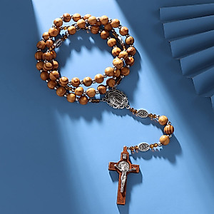 Faithful Catholic Wooden Rosary for Men, Our Father Sacred Handmade Miraculous Medal Wood Beads Rosary Necklace with Crucifix Cross, Rosarios Catolicos Para Hombre