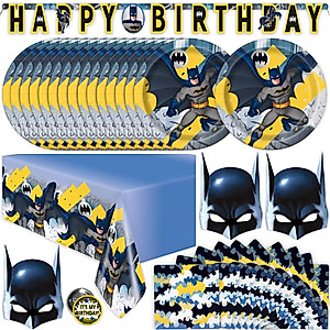 Batman Birthday Party Supplies | Batman Party Supplies | Batman Birthday Decorations | Batman Party Decorations | With Banner, Table Cover, Masks, Plates, Napkins, Button | For Boys or Girls | Serves