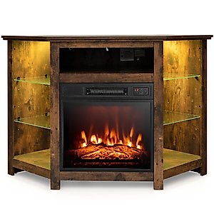 Tangkula Fireplace Corner TV Stand with LED Lights & Smart APP Control for 50 Inches TV, Entertainment Center with Adjustable Glass Shelves, 18” Electric Fireplace, Remote Control, Thermostat