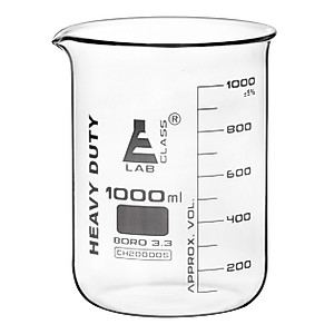 EISCO Heavy Duty Beaker, 1000ml - 5mm Thick, Uniform Walls - Superior Durability & Chemical Resistance - White Graduations - Borosilicate 3.3 Glass