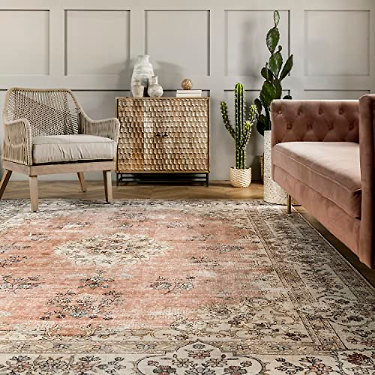 nuLOOM Ren Vintage Floral Machine Washable Area Rug, 5' x 8', Peach