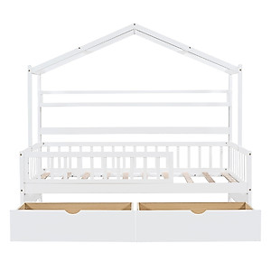 Merax Wood Twin House Bed Frame with Drawers/Book Shelf,Low Sofa Daybed for Boys Girls,No Box Spring Needed White