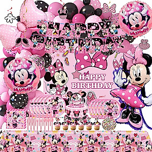 Mouse Birthday Party Supplies, Mouse Party Decorations, Pink Mouse Birthday Decorations Includes Happy Birthday Banner, Balloons, Stickers, Backdrop, Pink Tableware, Hanging Swirls