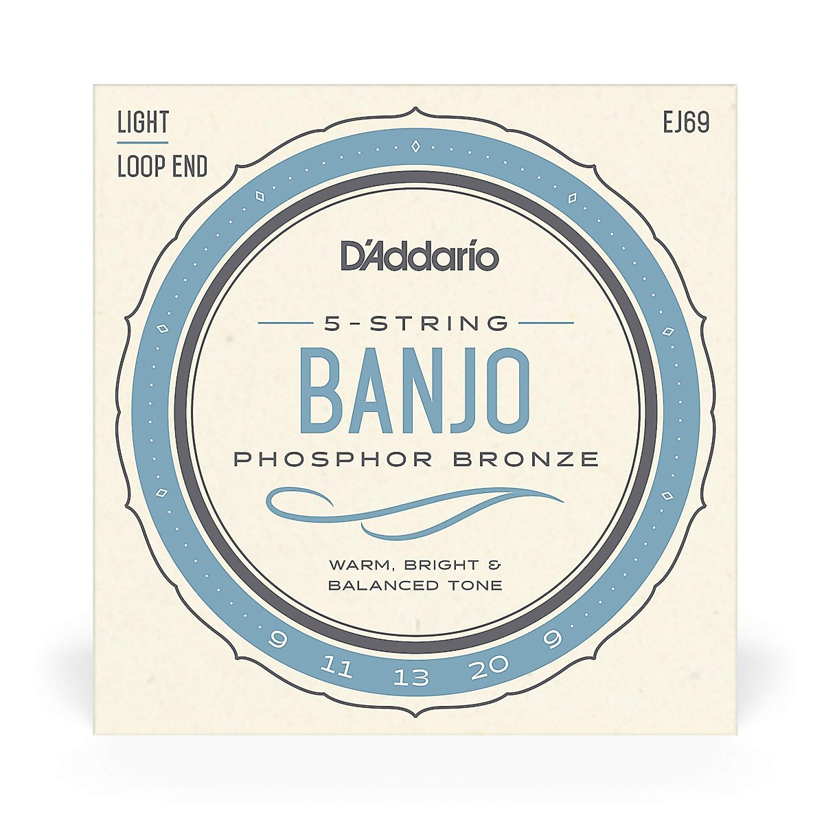 D'Addario EJ69 Phosphor Bronze 5-String Banjo Strings, Light, 9-20