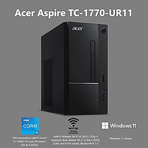 Acer Aspire TC-1770-UR11 Desktop | 13th Gen Intel Core i5-13400 10-Core Processor | 8GB 3200MHz DDR4 | 512GB M.2 2280 PCIe Gen 4 SSD | SD Card Reader | Intel Wi-Fi 6E AX211 | Windows 11 Home,Black
