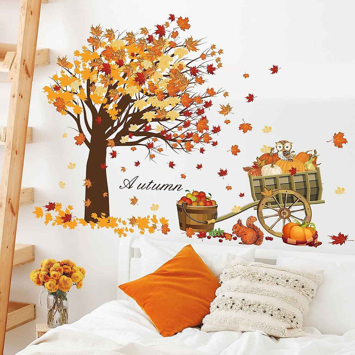 Fall Thanksgiving Wall Sticker Maple Leaves Wall Decals Autumn Harvest Pumpkins Wall Sticker Cute Animals Wall Art Decor for Thanksgiving Party Living Room