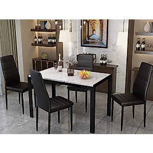 AWQM Faux Marble Dining Table Set for 4,Kitchen Table and Chairs,5 Piece Dining Room Table Set,Rectangular Table and 4 PU Leather Chairs for Living Room,Small Space,Breakfast Nook,White&Black