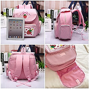 Lovemore Kawaii Embroidery Strawberry Backpack for Girl Teen Student School Bag Satchel Cute Pink Lace JK Backpack
