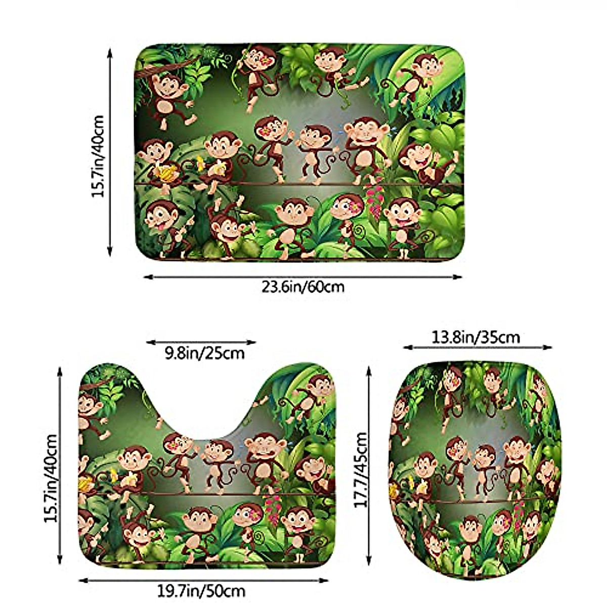 WONDERTIFY Monkeys Bathroom Antiskid Pad Doing Different Things in The Jungle 3 Pieces Bathroom Rugs Set, Bath Mat+Contour+Toilet Lid Cover