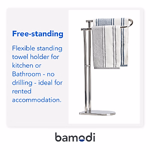 Bamodi Freestanding Towel Rack for Bathroom Floor - Practical Bath Towel Rack Holder Stand for Bathroom, Kitchen, Room - Easy to Assemble, with Offset Rails for Drying - Black Steel Finish