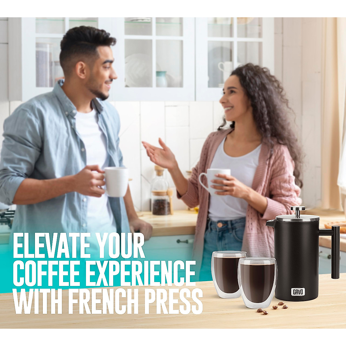 French Press Coffee Maker 34oz - set of 2 Double-Wall Insulate Glass 12oz - Tea Press Insulated Stainless Stainless French Press - 2 Extra Filters - Black Coffee Press