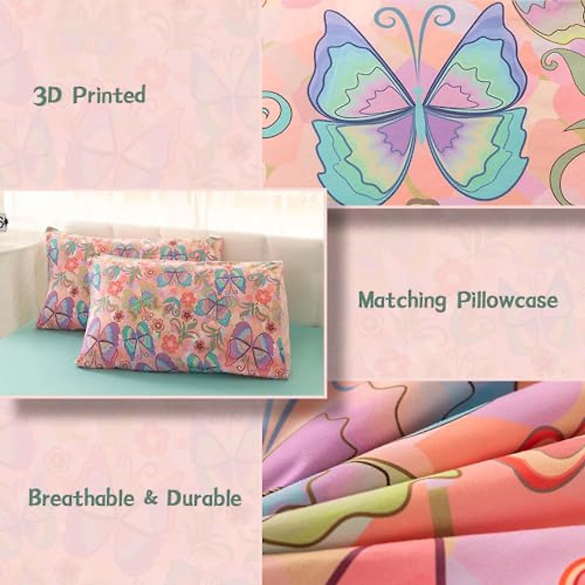 Podol Girls Pink Comforter Set Full Size, Butterfly Flowers Pattern Bedding Set, 5pc Lightweight Bed in A Bag with 1 Comforter, 2 Pillowcases, 1 Flat Sheet and 1 Fitted Sheet for Kids
