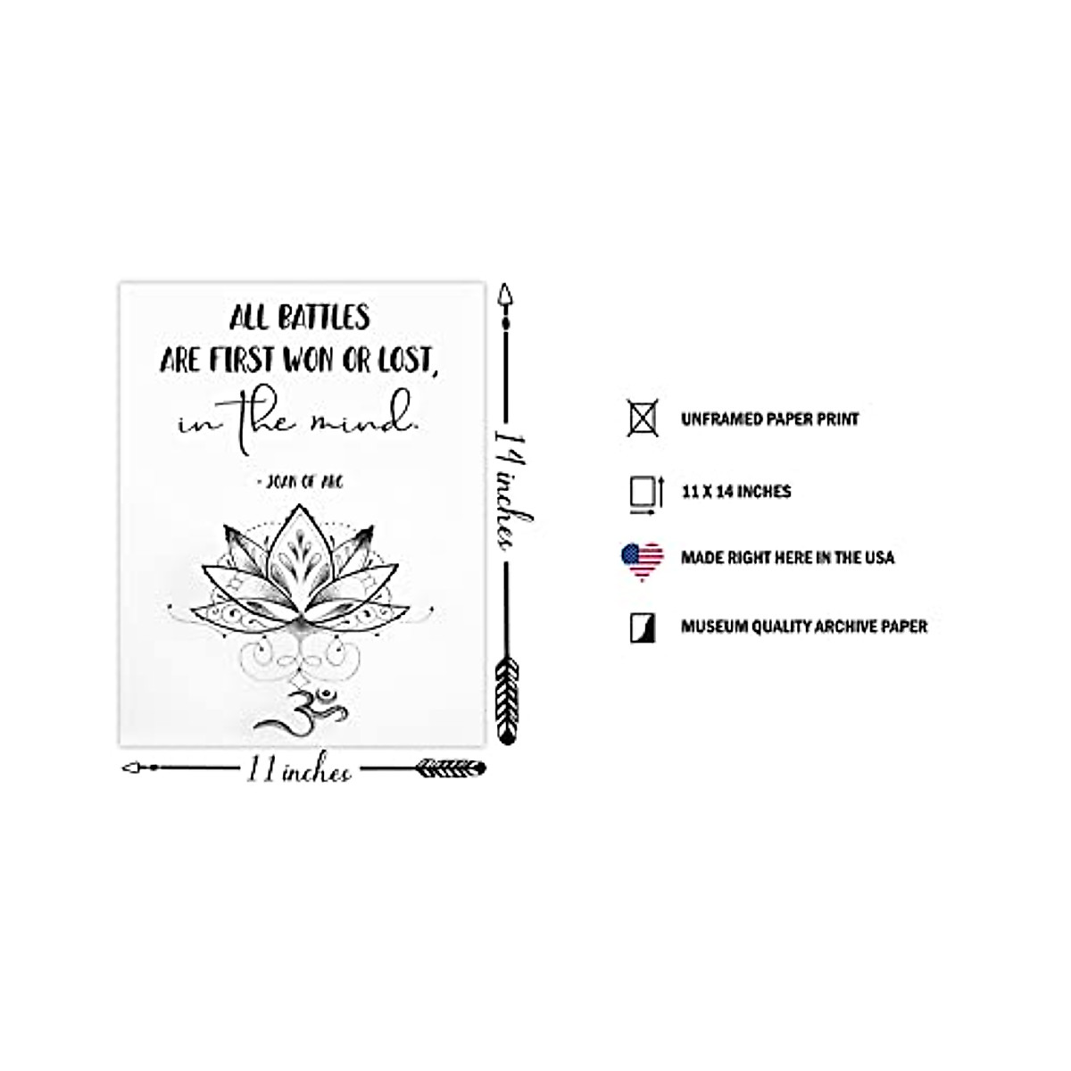 St Joan of Arc 11x14 Gallery Style Print by Soul Sunshine | Unframed 'All Battles' Bible Verses Wall Decor Poster Prints | Rustic Wall Decor, Black and White Lotus Flower, Home Wall Decor