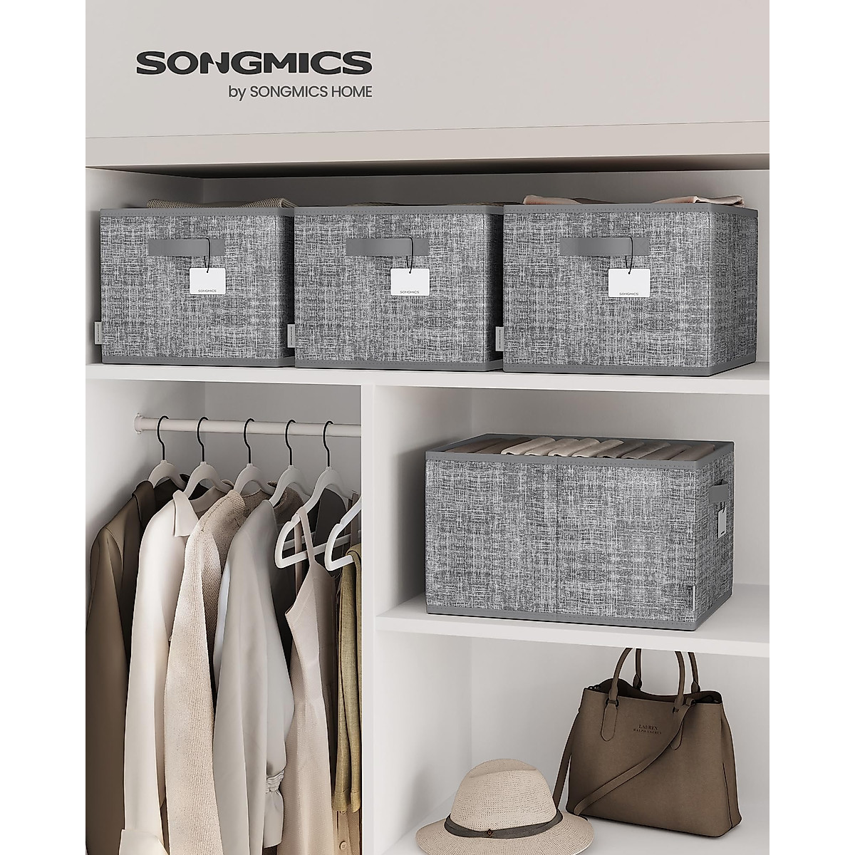 SONGMICS Storage Baskets, Set of 3 Fabric Storage Bins, 15.7 x 11.8 x 9.5 Inches, Foldable Closet Organizer for Shelves, 2 Handles, Label Holders, for Bedroom, Living Room, Cattail Gray UROB440G01
