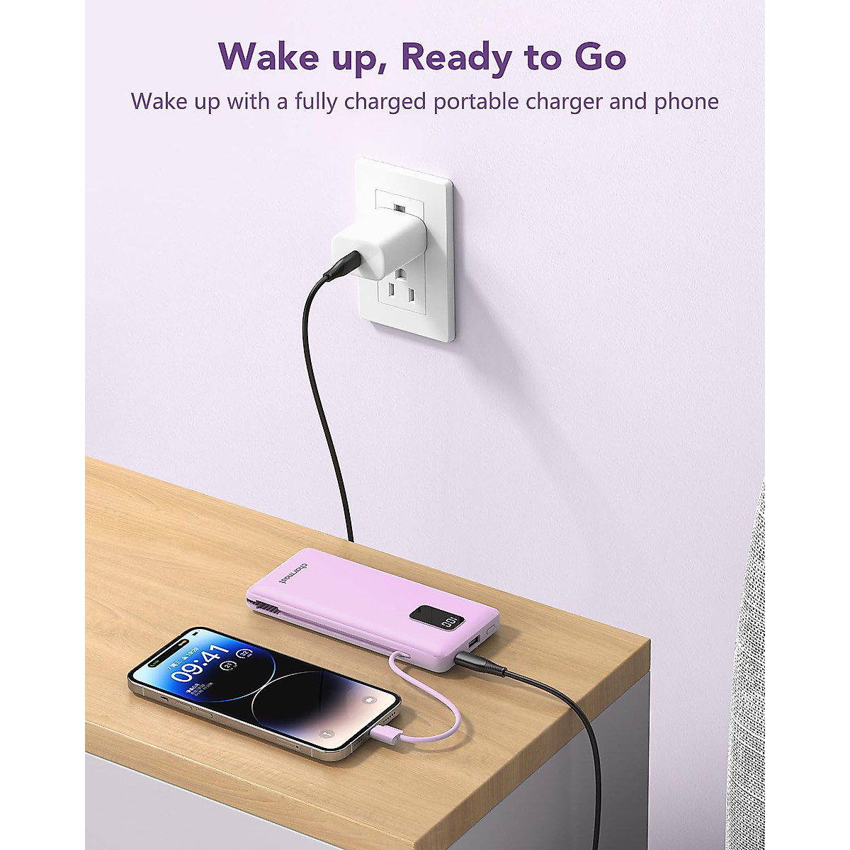 Charmast Portable Charger with Built-in Cables and AC Wall Plug, 10000mAh Ultra Slim Power Bank, External Battery Pack, Travel Accessories Compatible with iPhone 14/13, Samsung Galaxy, etc