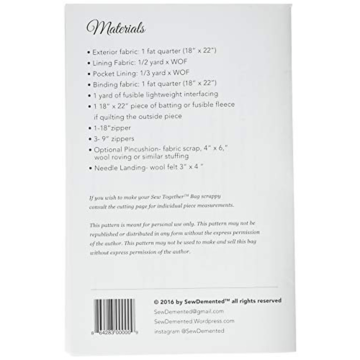 Sew Demented Sew Together Bag pattern, White 8.5" x 5.5"