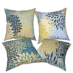 Set of 4 Throw Pillow Covers 18x18 Inch Floral Blooms Modern Abstract Flower Throw Pillow Covers Home Pillowcases Garden Blue Yellow Gray Flowers Dark Teal Yellow Cushion Case Decorative Pillowcases