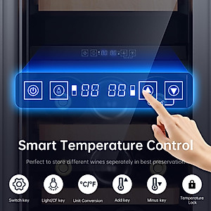 KingChii 12Inch 16 Bottle Dual Zone Wine Cooler Refrigerator Professional Compressor, Stainless Steel & Tempered Glass For Red Wine, Champagne - Built-in or Freestanding for Home, Kitchen, or Office